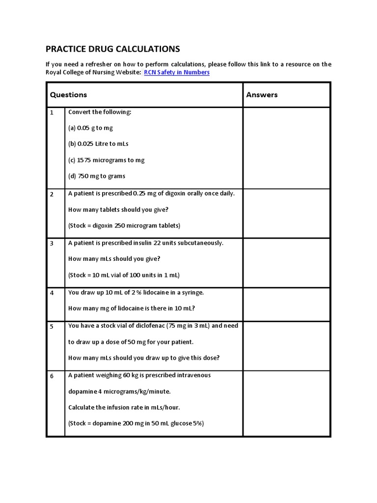 Drug Calculation Practice Questions | PDF
