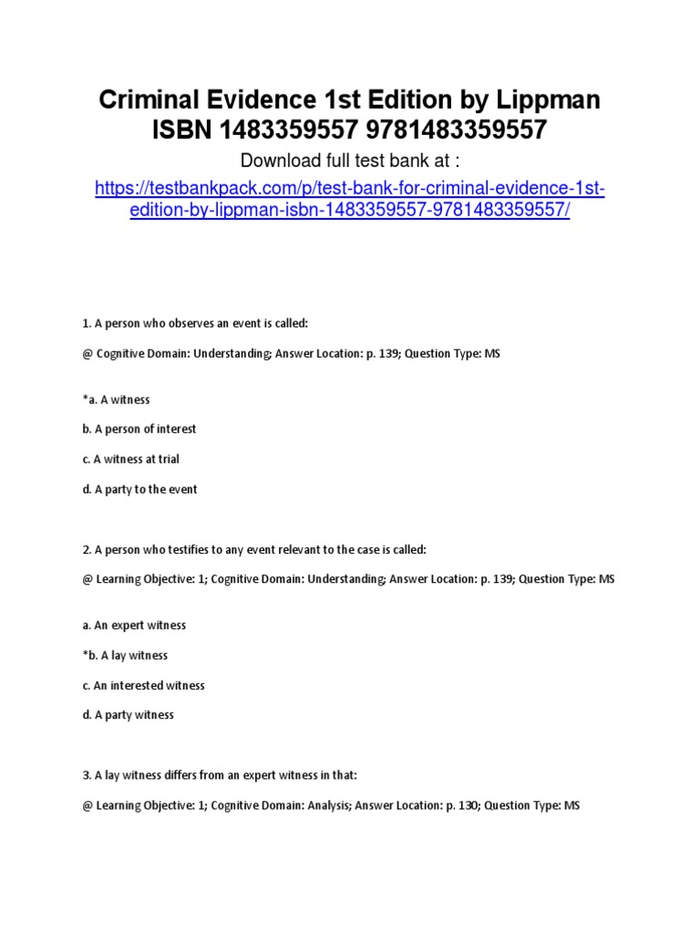Criminal Evidence 1st Edition Lippman Test Bank 1 | PDF | Law