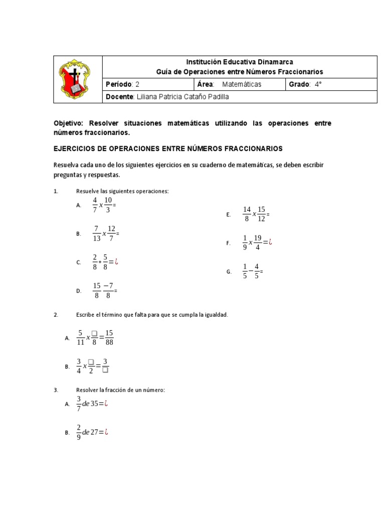 Operaciones con Fracciones para 4° Grado | PDF | Métodos y materiales ...