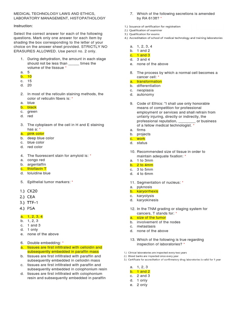 MEDICAL TECHNOLOGY LAWS AND ETHICS LABORATORY MANAGEMENT HISTOPATHOLOGY With Answers | PDF ...
