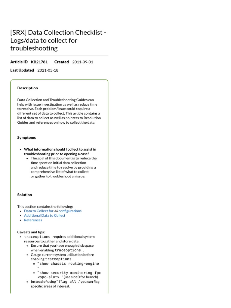 (SRX) Data Collection Checklist - Logs/data To Co | PDF
