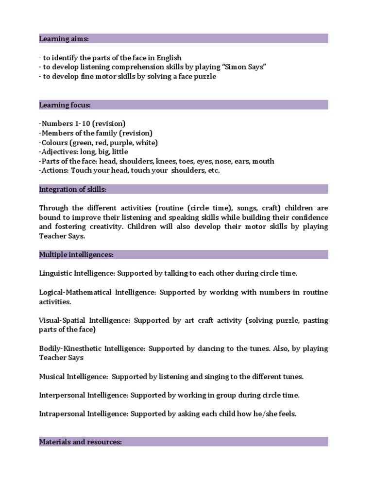 Lesson Plan Face | PDF | Learning | Cognition