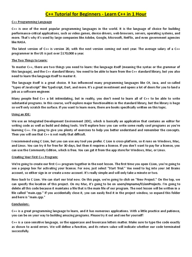 C++ Tutorial For Beginners - Learn C++ in 1 Hour | PDF