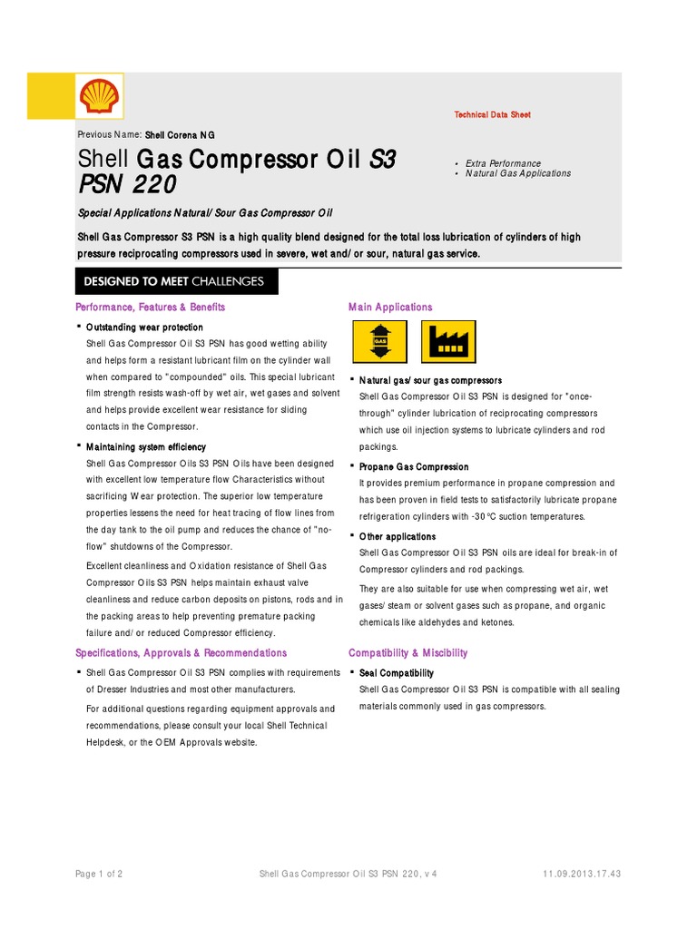 Shell Gas Compressor Oil S3 PSN 220 | PDF | Gases | Lubricant