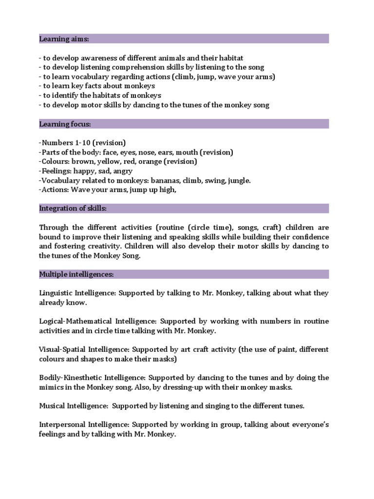 Lesson Plan Monkeys | PDF