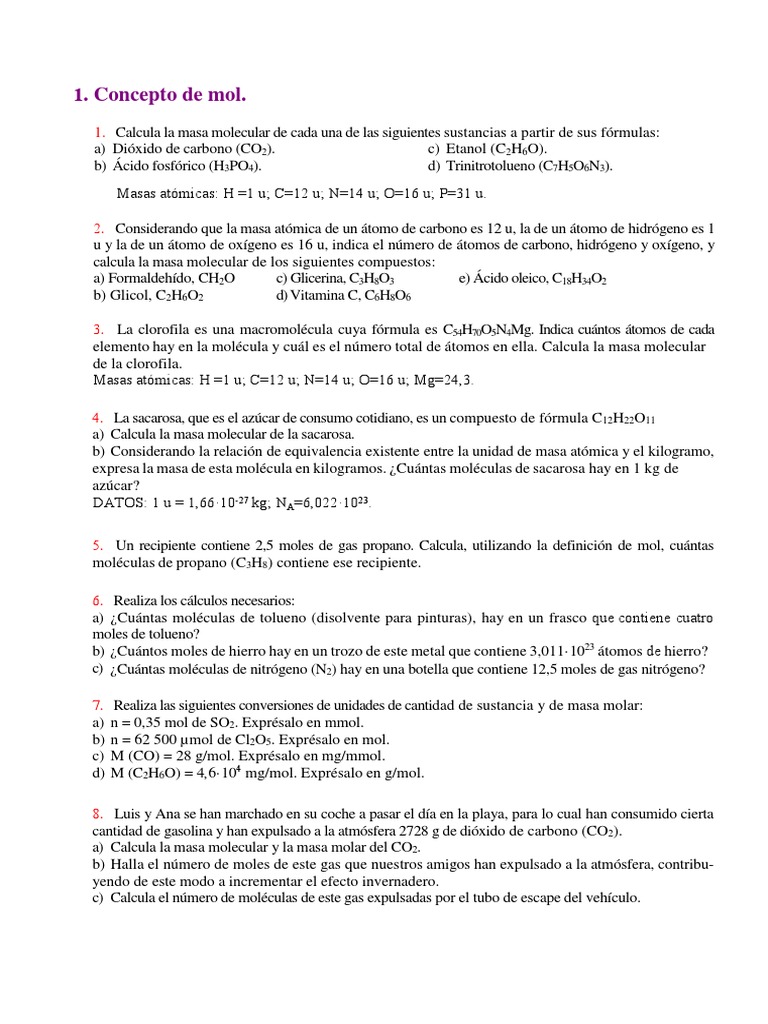 MOL y ESTEQUIOMETRÍA 3º Eso | PDF | Hidrógeno | Mole (Unidad)