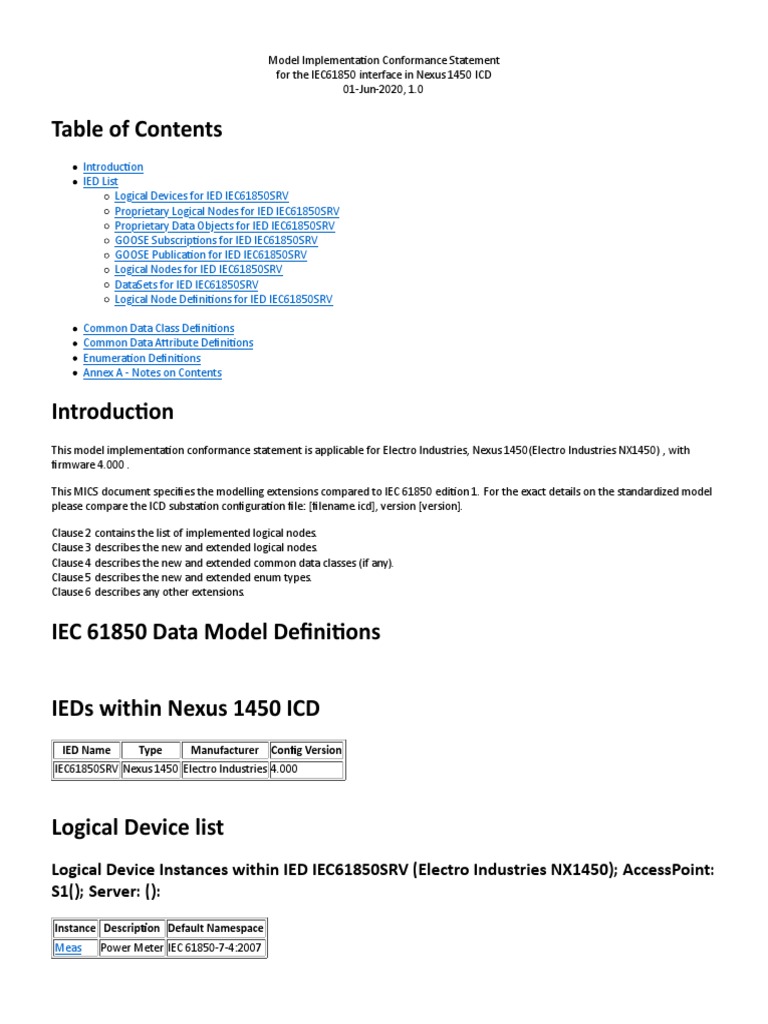 Nexus 1450 IEC 61850 Model Implementation Conformance Statement ICD File | PDF