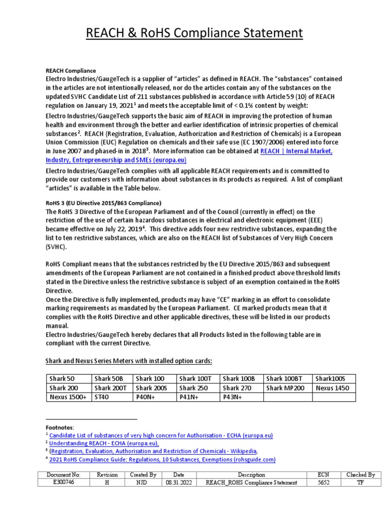 REACH & RoHS Compliance for Meters | PDF | European Union Law ...