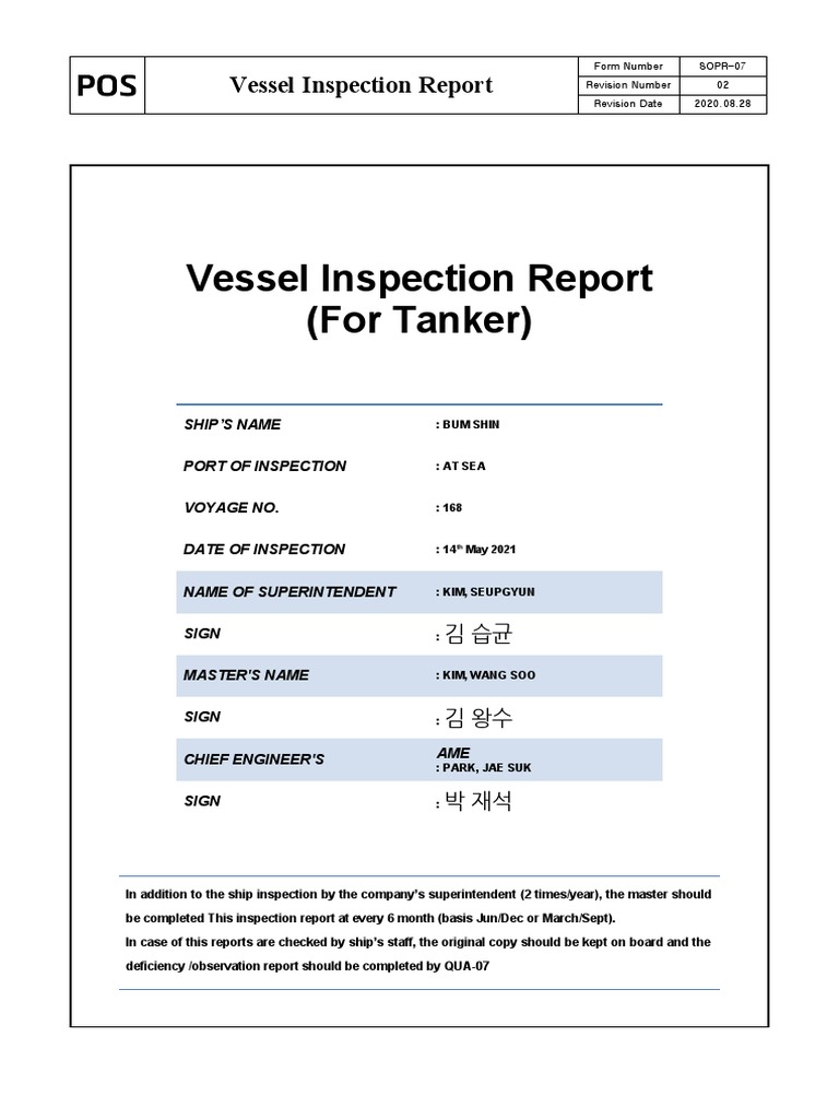 SOPR-07 Vessel Inspection Report (Tanker) (REV-02)검사용(범신) | PDF | Oil ...