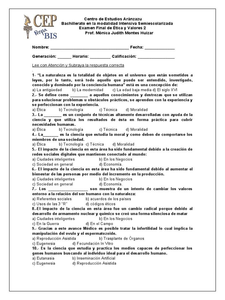 Examen de Etica y Valores 2 | PDF Examen de Etica y Valores 2 | PDF