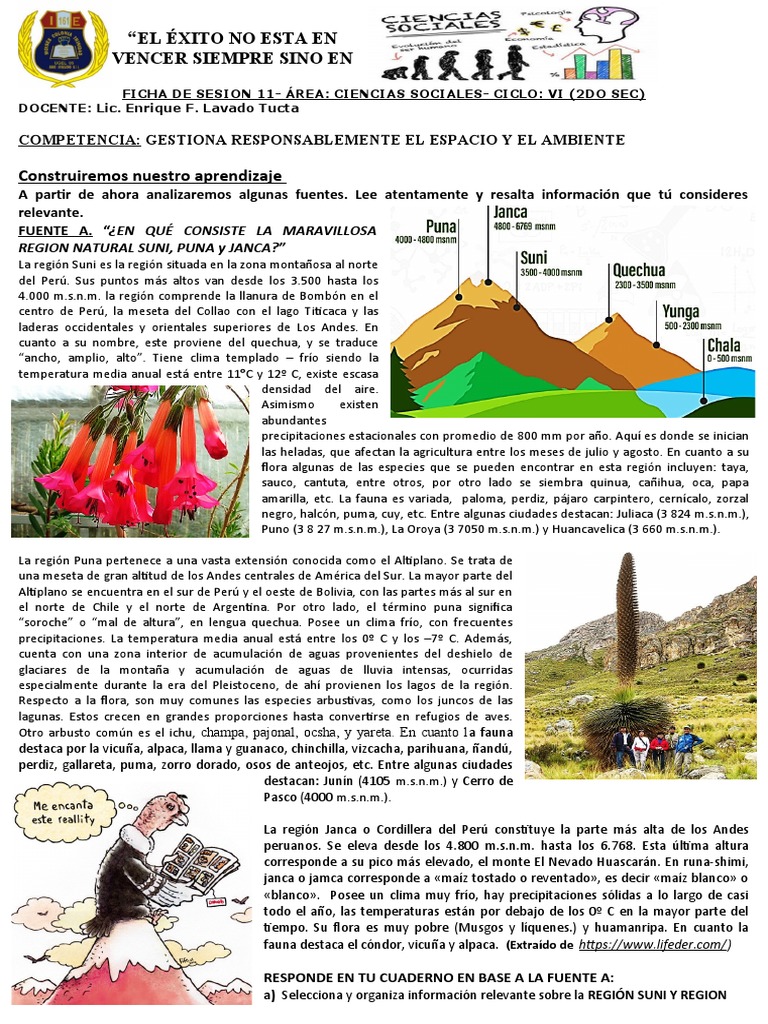 LECTURA SESION 11 LAS OCHO REGIONES NATURALES DEL PERU SUNI, PUNA y ...