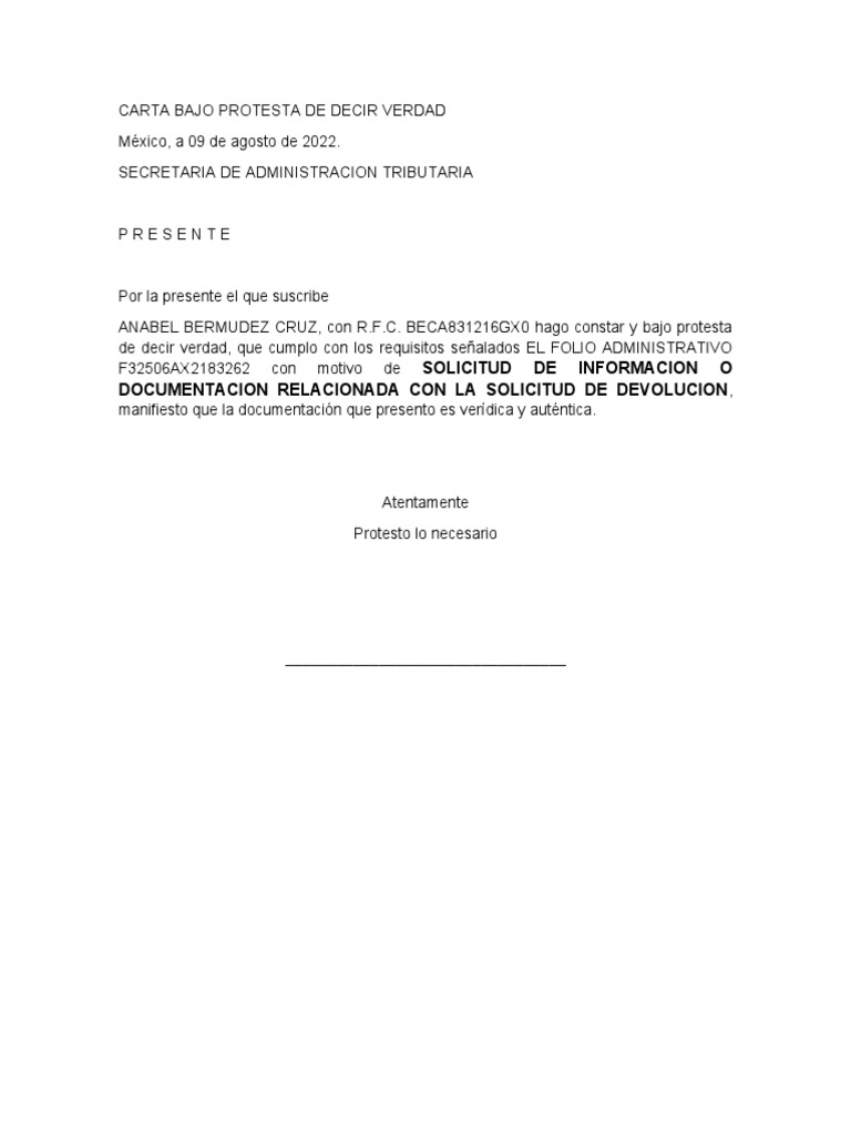 Carta Bajo Protesta de Decir Verdad | PDF