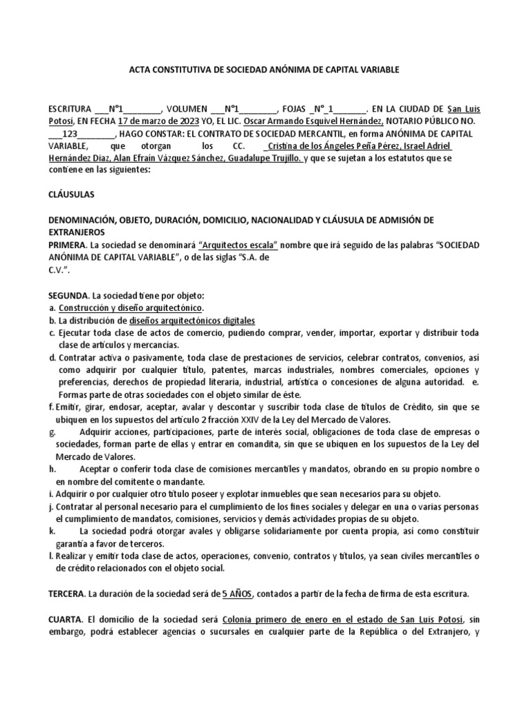 ACTA - CONSTITUTIVA Sociedad Anonima | PDF | Sociedad de responsabilidad limitada | México