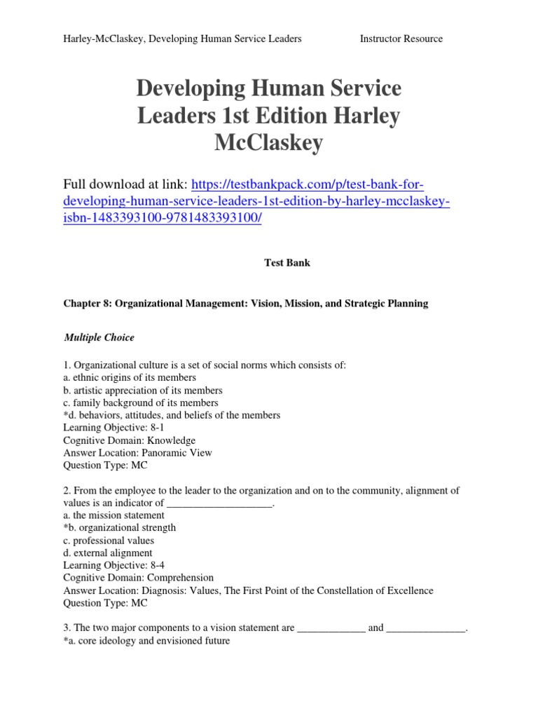 Developing Human Service Leaders 1st Edition Harley McClaskey Test Bank ...