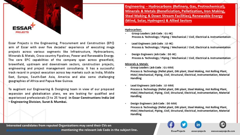 Essar Projects EPC Job Openings 2023 | PDF