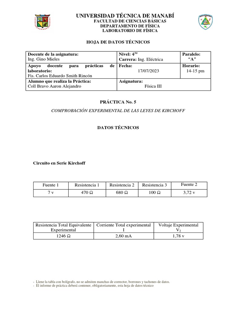 Aaron Coll - Practica 5 Leyes de Kirchoff | PDF | Resistencia Eléctrica ...