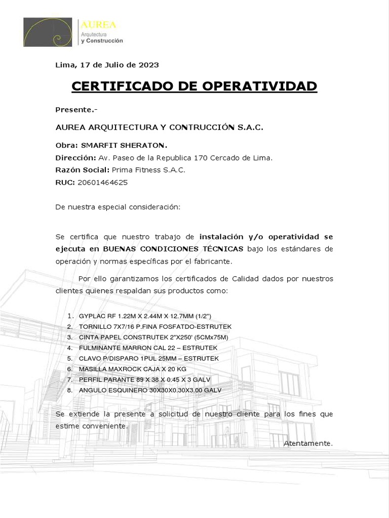Certificado MAteriales y Operatividad | PDF