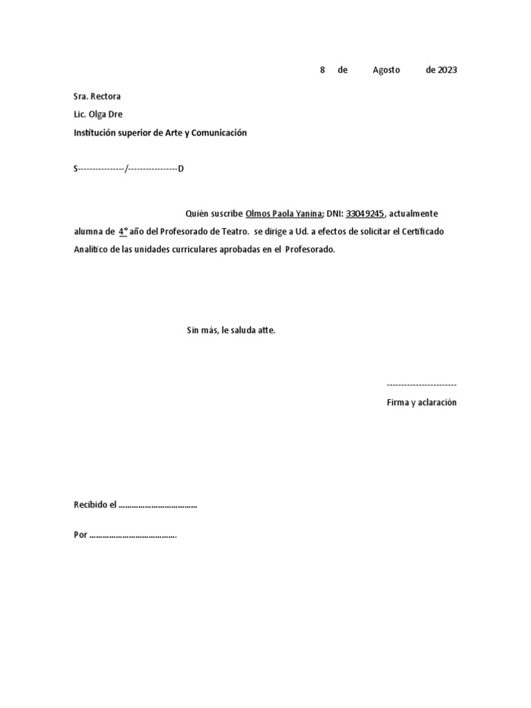 Modelo de Nota Solicitando Plan de Estudios-Programas-Certificado ...
