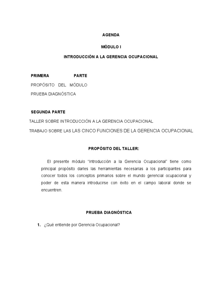 Agenda y Actividades Módulo I Introducción a la Gerencia Ocupacional | PDF Agenda y Actividades Módulo I Introducción a la Gerencia Ocupacional | PDF