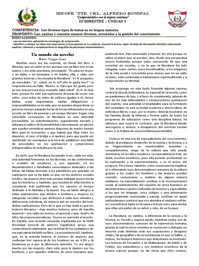 Ensayo 1 Mario Vargas LL-2023-1 | PDF | Novelas