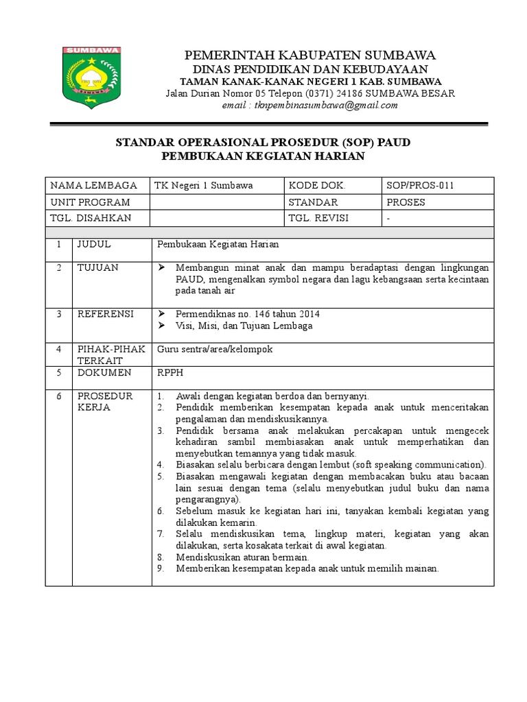 11 Sop Paud Pembukaan Kegiatan Harian | PDF