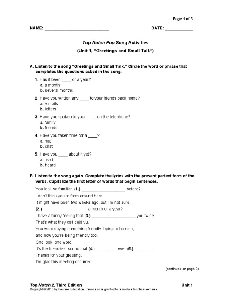 (Unit 1, "Greetings and Small Talk") : Top Notch Pop Song Activities | PDF