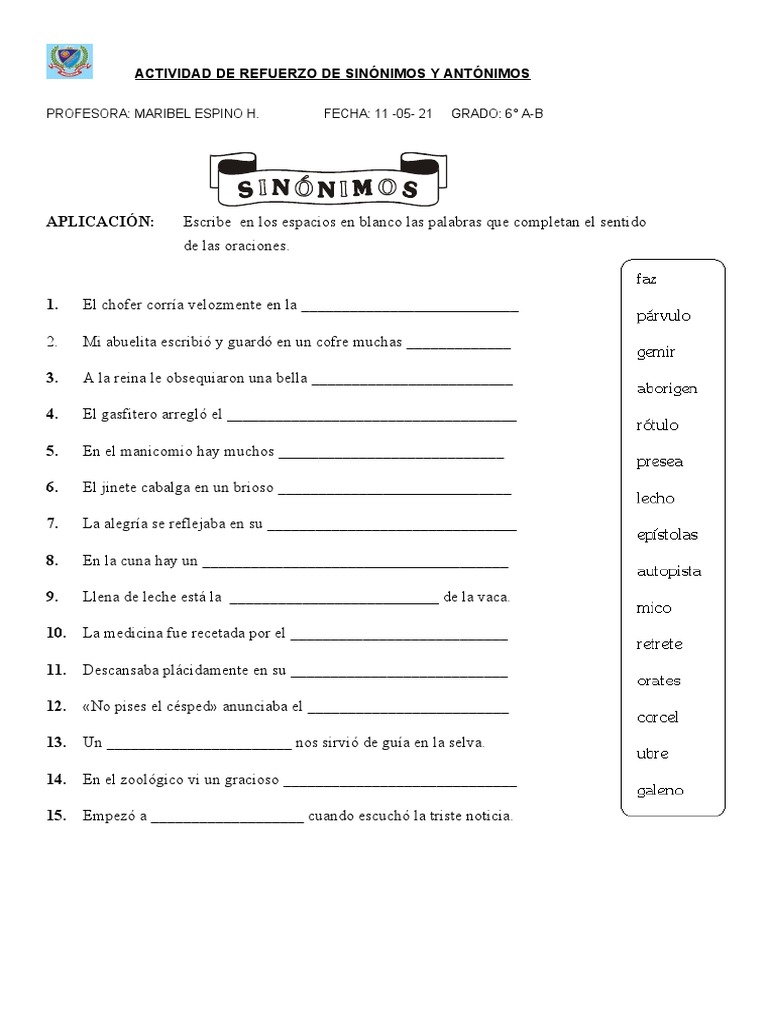 Actividad de Refuerzo de Sinonimos y Antonimos 6° Grado | PDF
