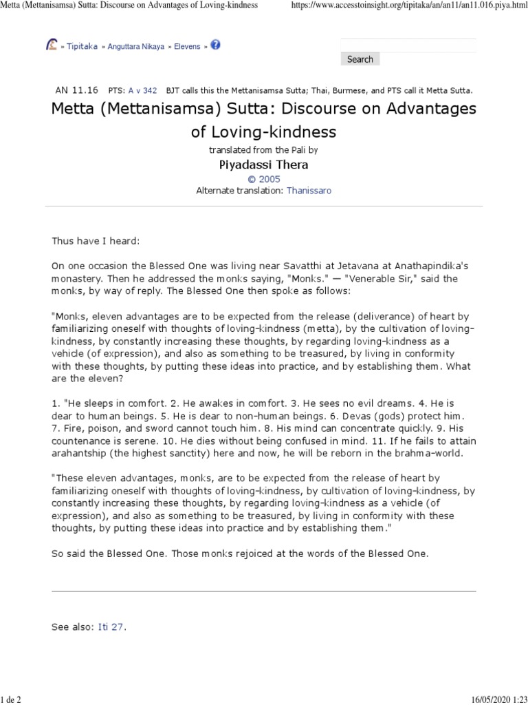 Metta (Mettanisamsa) Sutta (Discourse On Advantages of Loving-Kindness ...
