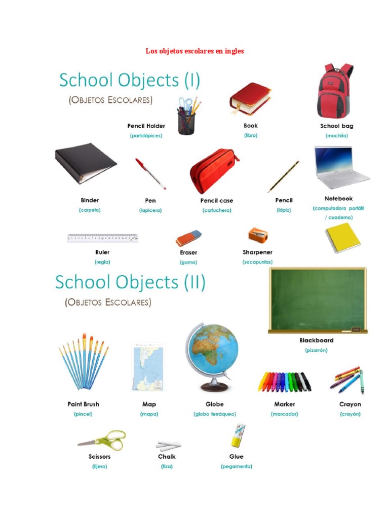 Los Objetos Escolares en Ingles | PDF