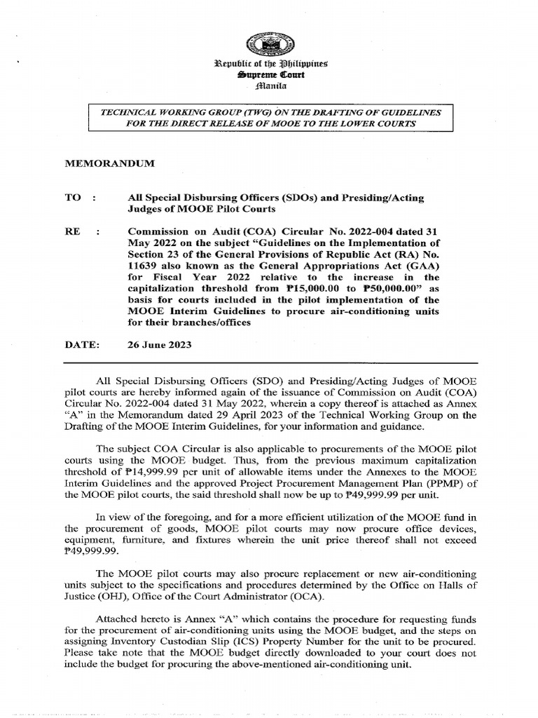 Memo To SDOs Re COA Cir 2022 004 Procurement of Air Conditioning Units Using MOOE Budget | PDF