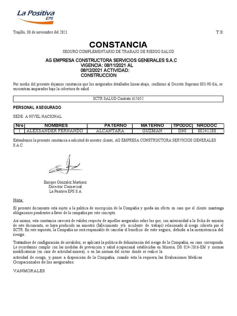 Constancia SCTR Salud 08.11.2021 | PDF | Finanzas y dinero | Tecnología