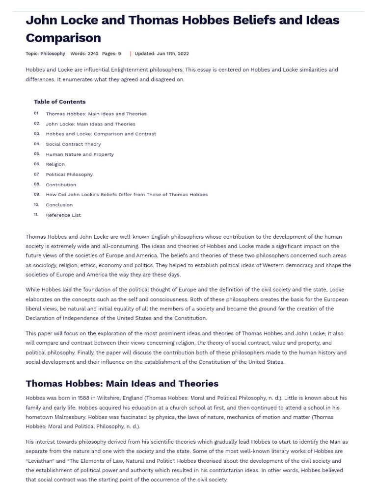Thomas Hobbes and John Locke Beliefs and Ideas Comparison - Free Essay ...