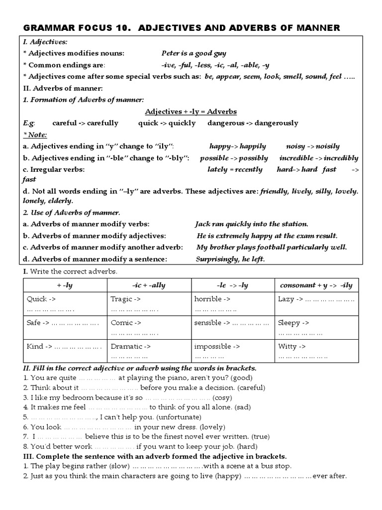 Grammar Focus 10. Adjectives and Adverbs of Manner | PDF | Adverb ...