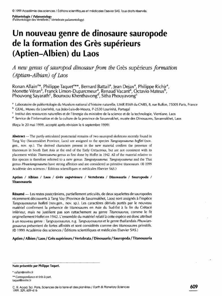 Allain Et Al 1999 - Tangvayosaurus | PDF | Système squelettique ...