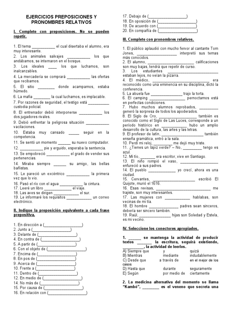 Ejercicios Preposiciones y Pron Relativos | PDF