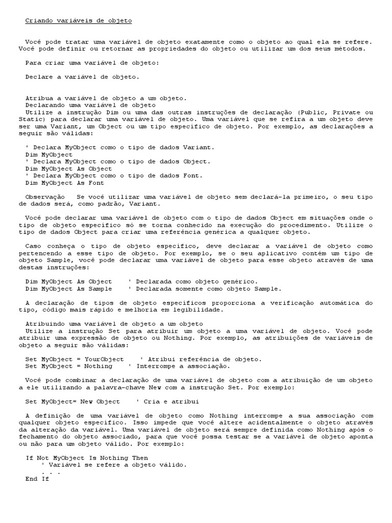 Criando Variáveis de Objeto | PDF Criando Variáveis de Objeto | PDF