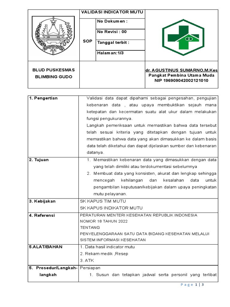 Sop Validasi Indikator Mutu | PDF