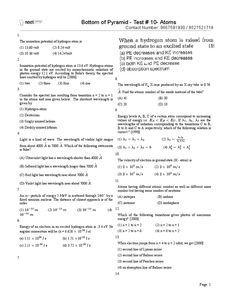 Test # 10 - Atoms - Bottom of Pyramid | PDF | Atoms | Ionization