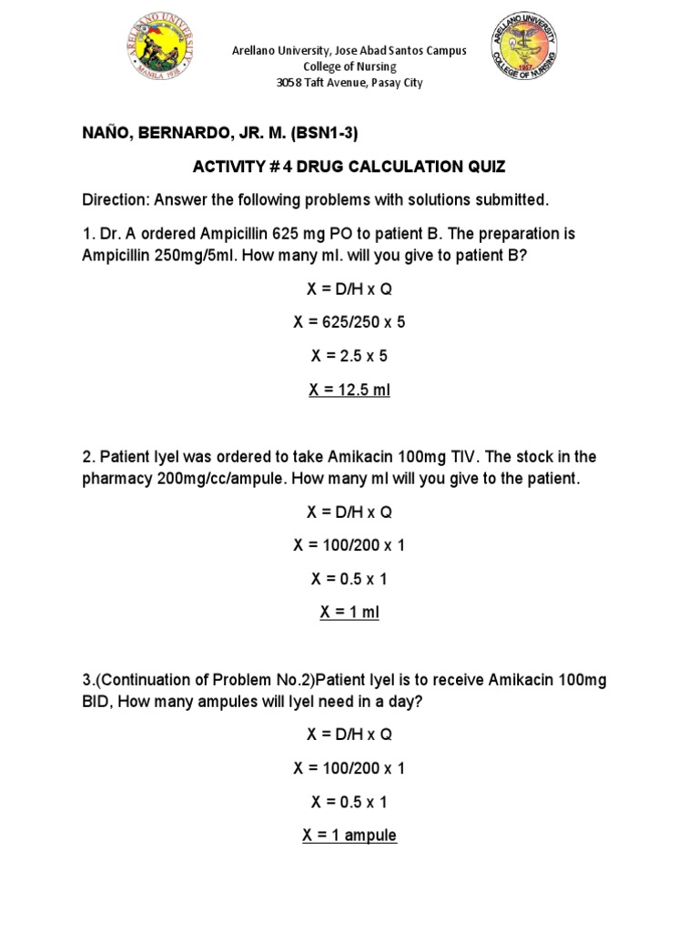 Activity # 4 Drug Calculation Quiz | PDF