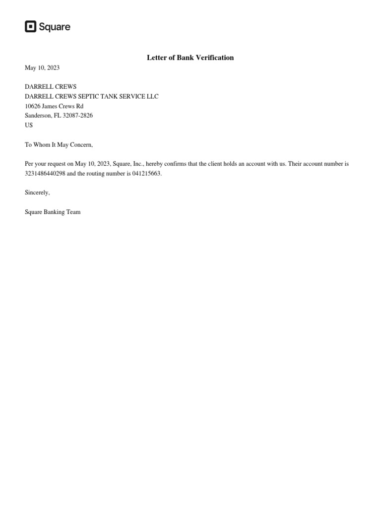 Bank Verification Letter for Darrell Crews | PDF