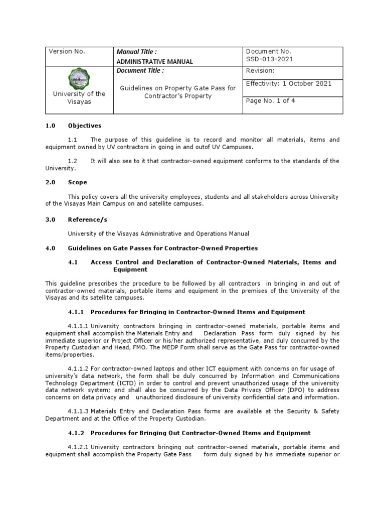 G6 Draft Guidelines On Property Gate Pass ForContractors Property | PDF