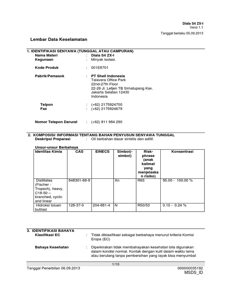 MSDS Shell Diala S4 ZX-I | PDF