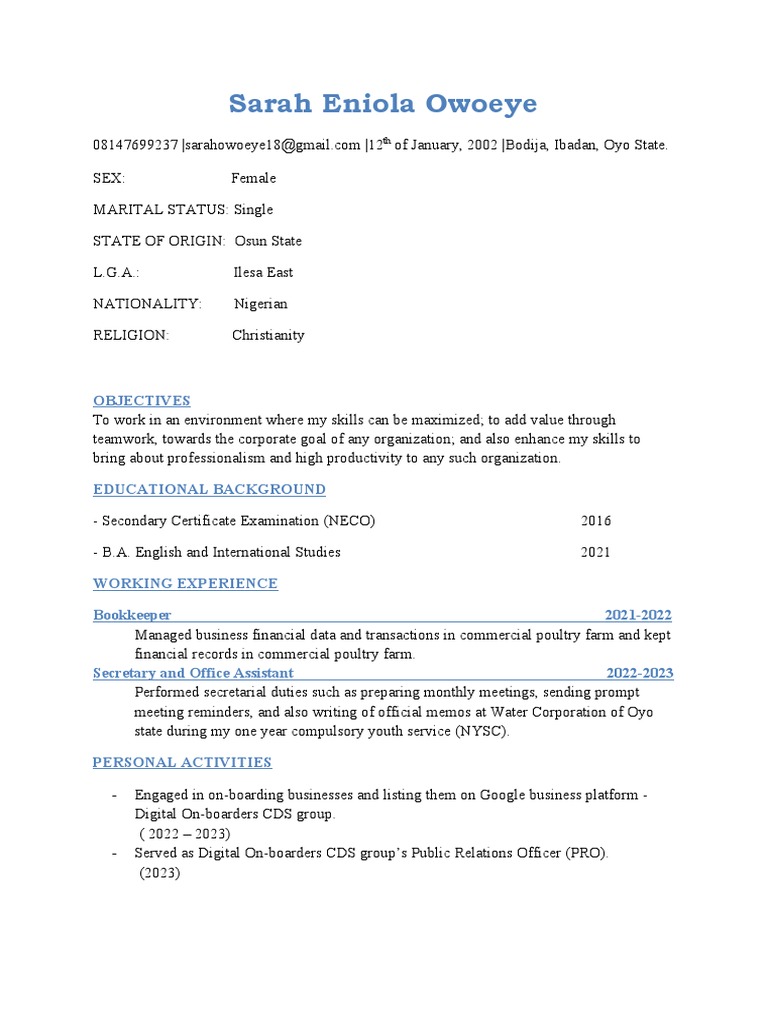 Sarah Owoeye CV | PDF