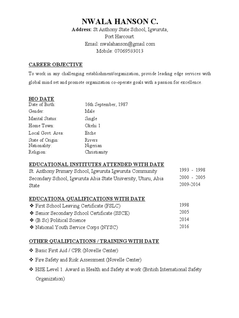 NWALA HANSON C Curriculum Vitae | PDF