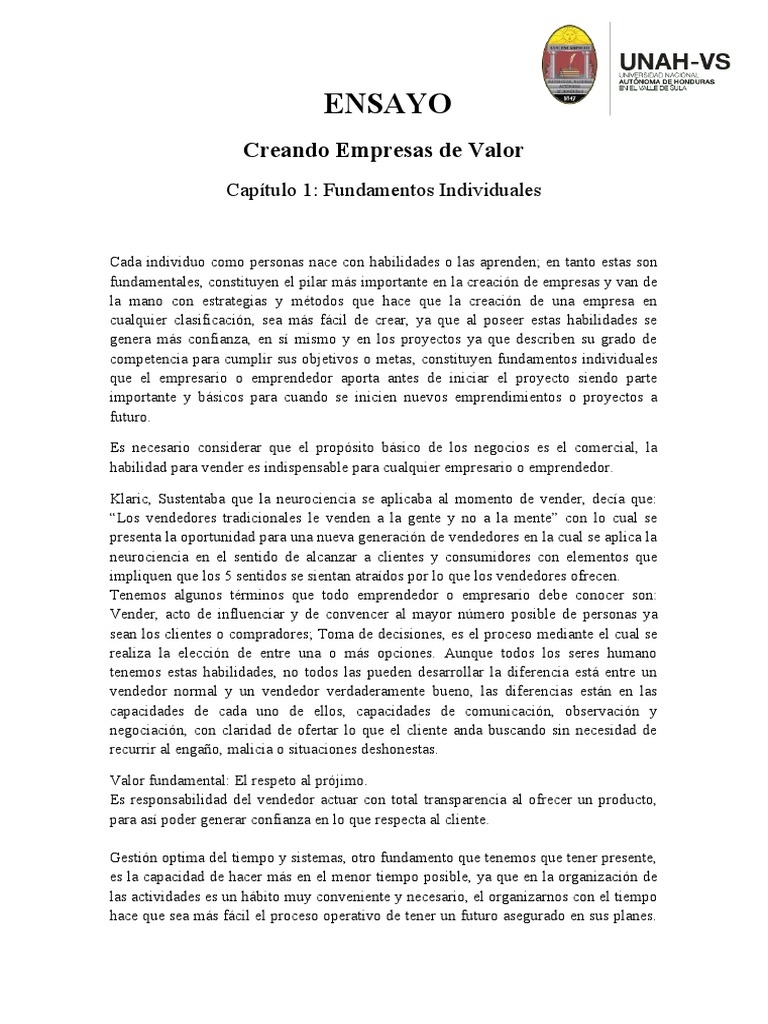 Ensayo Libro Creando Empresas de Valor | PDF