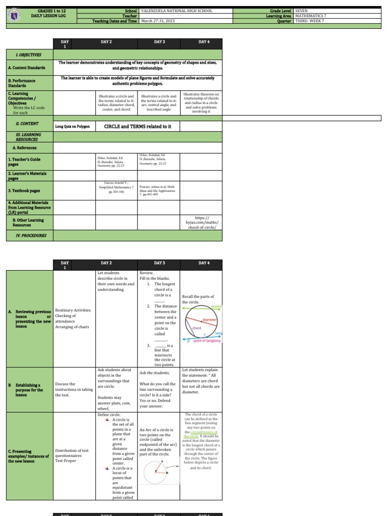 DAY 1 Day 2 Day 3 Day 4: CIRCLE and TERMS Related To It | PDF | Circle ...