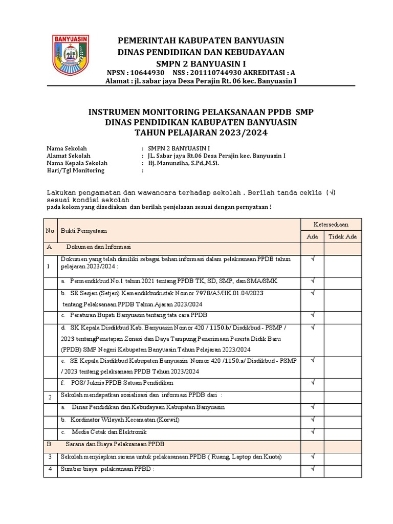 Instrumen Monev PPDB Tahun 2023 | PDF