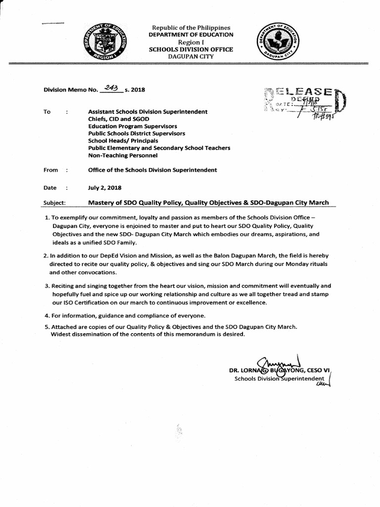 Mastery of Sdo Quality Policy Quality Objectives and Sdo Dagupan City ...