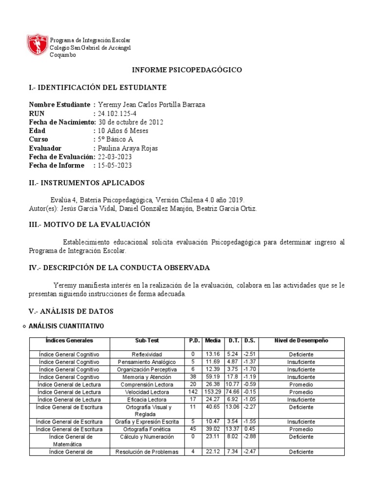 Informe Psicopedagógico Word Evalúa 4 - 4.0 Yeremy Portilla Barraza 5° Básico A | PDF ...
