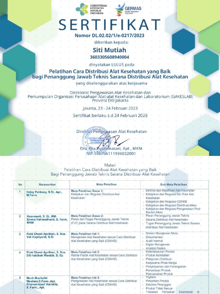 1.5 Sertifikat Pelatihan CDAKB Bagi PJT Sarana Distribusi Alkes (23-24 Februari 2023) | PDF